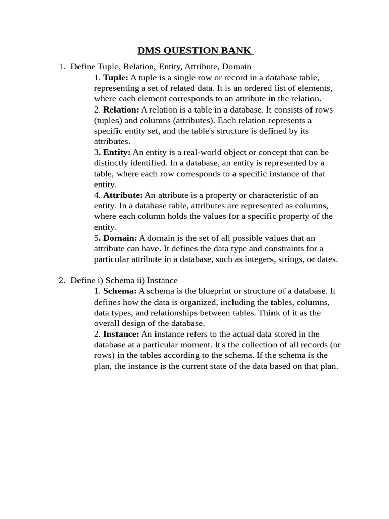 DMS Question Bank ANS | PDF | Databases | Relational Database