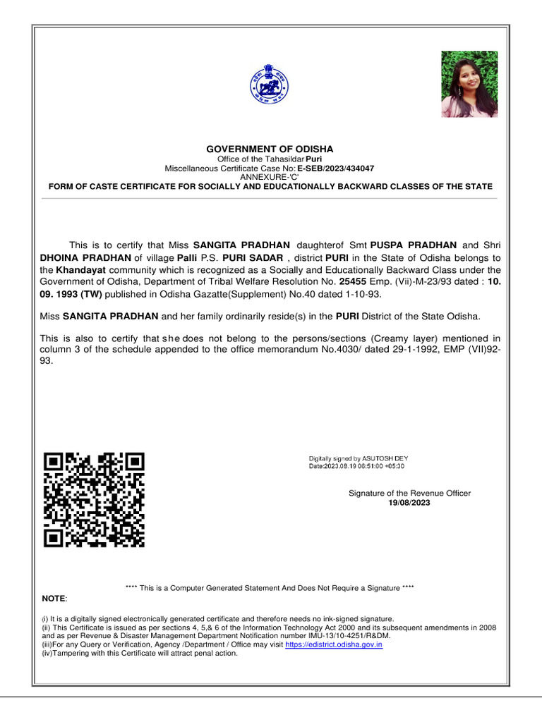 Caste Certificate | PDF