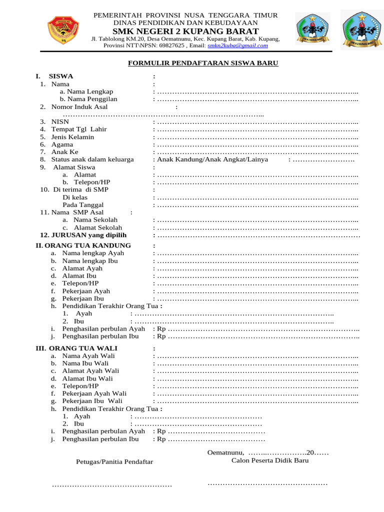 Formulir Pendaftaran Siswa Baru SMK | PDF