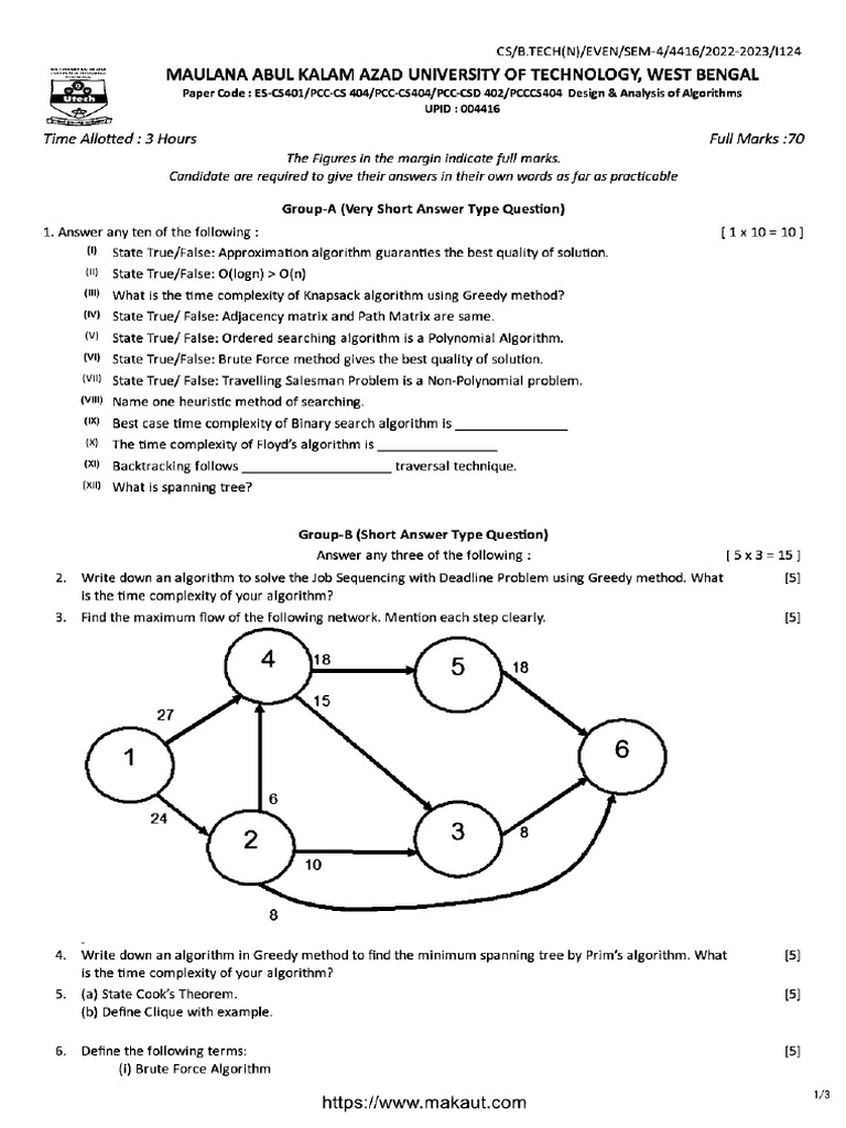 Btech Es 4 Sem Design and Analysis of Algorithms Es Cs401 2023 | PDF
