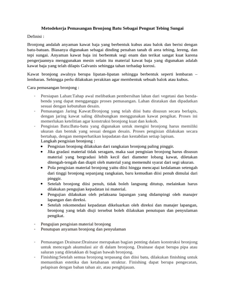 Metodekerja Pemasangan Bronjong Batu Sebagai Penguat Tebing Sungai | PDF