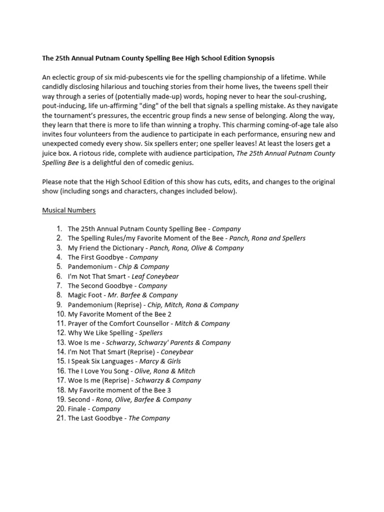 Spelling Bee Synopsis Character Descriptions | PDF