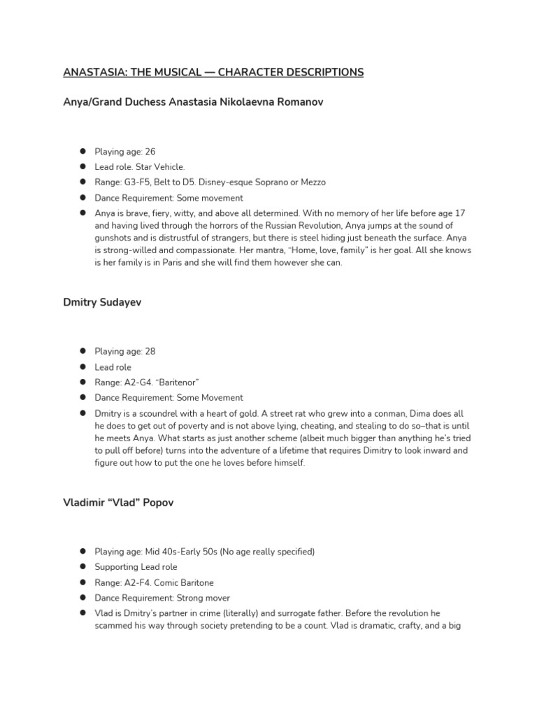 Anastasia The Musical Character Descriptions | PDF | House Of Romanov ...