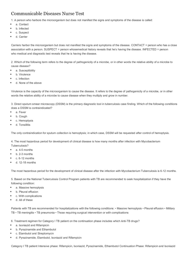 Communicable Diseases Nurse Test | PDF | Tuberculosis | Infection