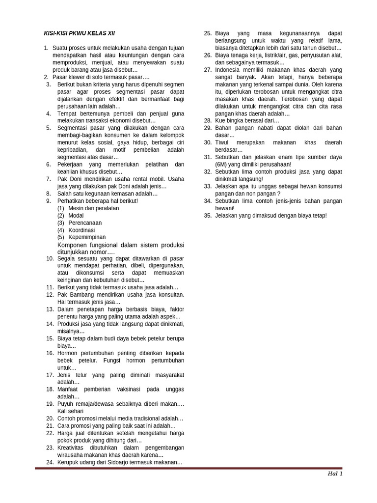 Kisi-Kisi Asas Pkwu Kelas Xii 24 | PDF