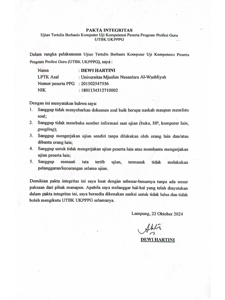 Pakta Integritas - Dewi Hartini | PDF