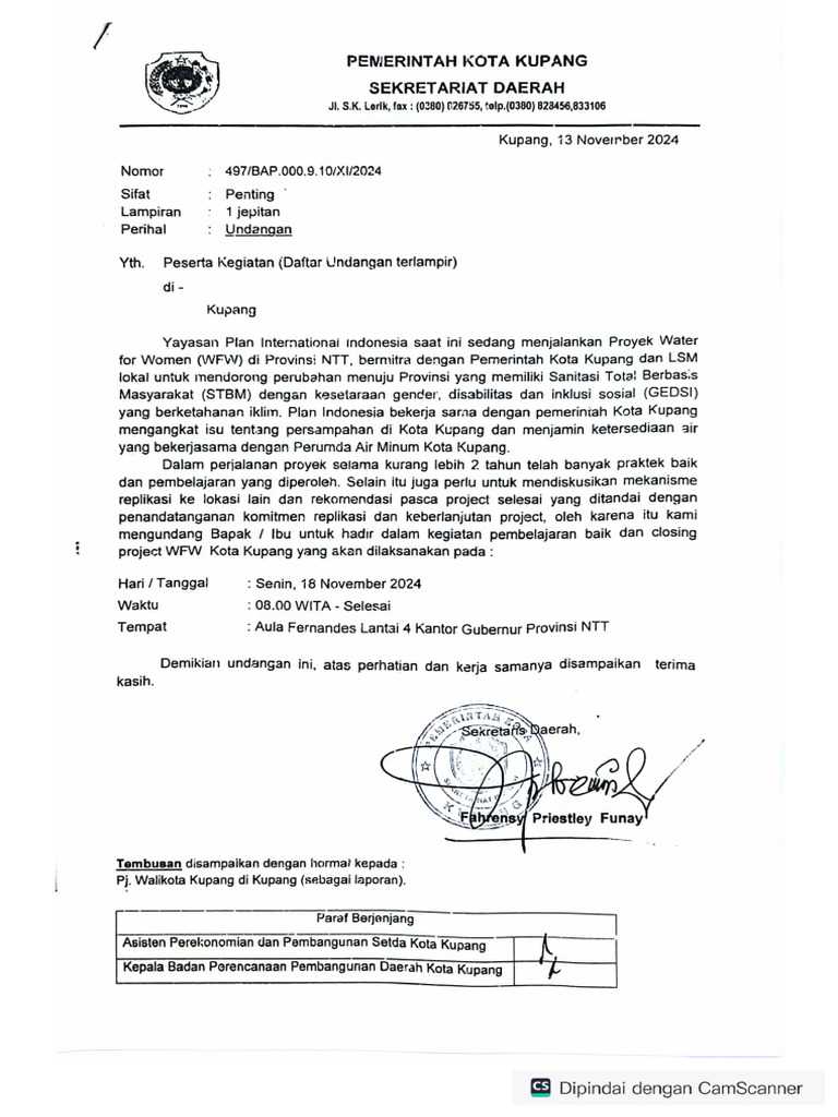 Surat Undangan Closing Project WFW Plan Indonesia | PDF