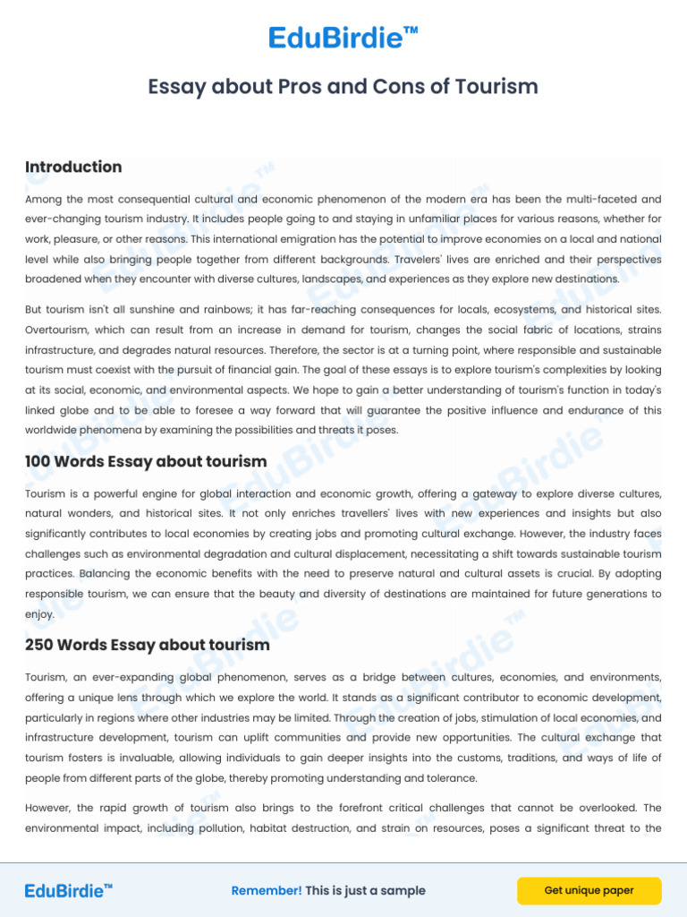 Essay About Pros and Cons of Tourism | PDF | Tourism | Sustainability