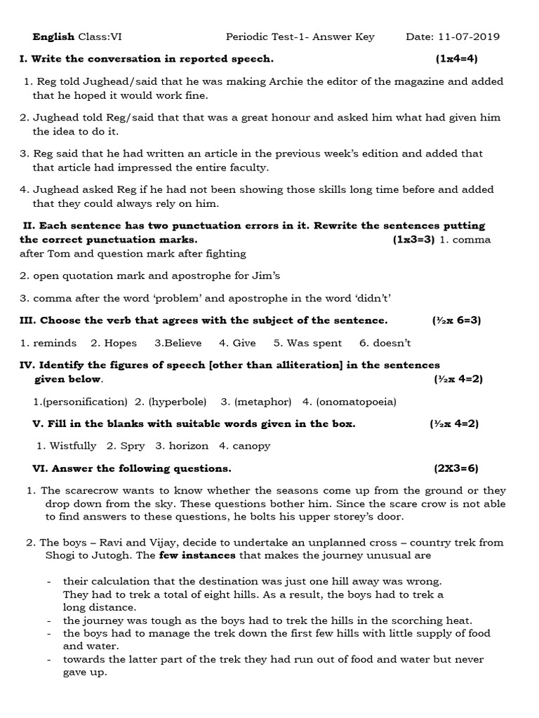 English Class VI Test Answer Key | PDF | Linguistics