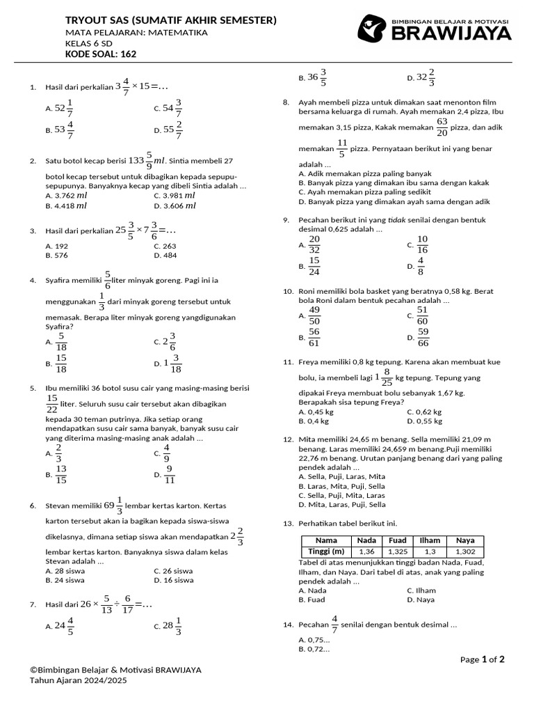162 Soal Tryout SAS 6 MAT | PDF