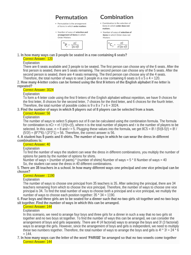 Permutations and Combinations Questions and Answers | PDF | Consonant | Vowel