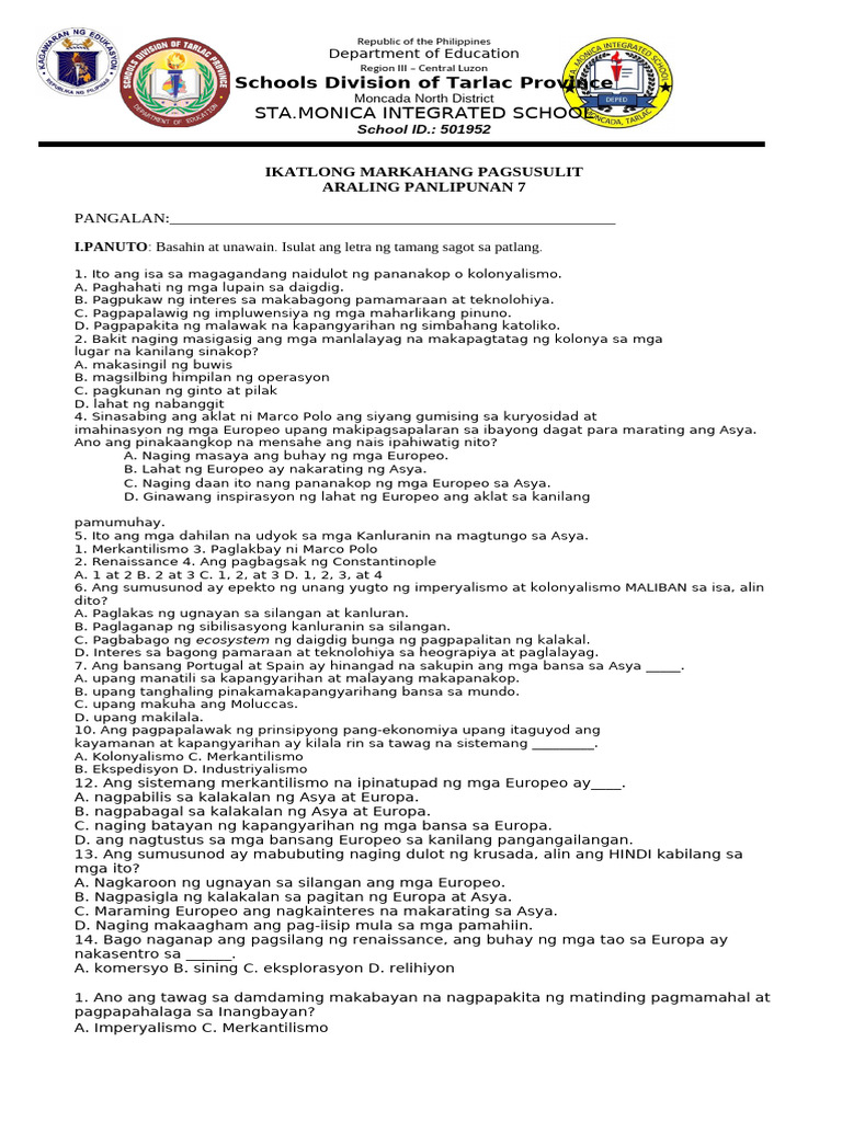 3rd Quarter Exam AP7 | PDF