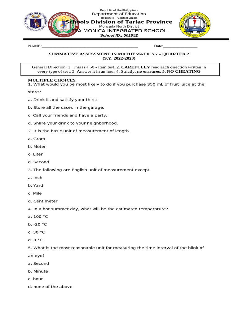 2ndquarter Exam Math7 - FINAL | PDF | Measurement | Metre