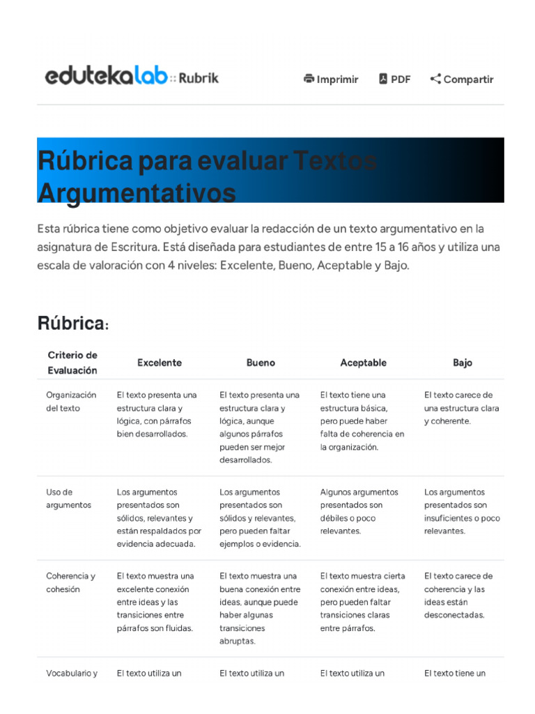 Rúbrica para Evaluar Textos Argumentativos | PDF