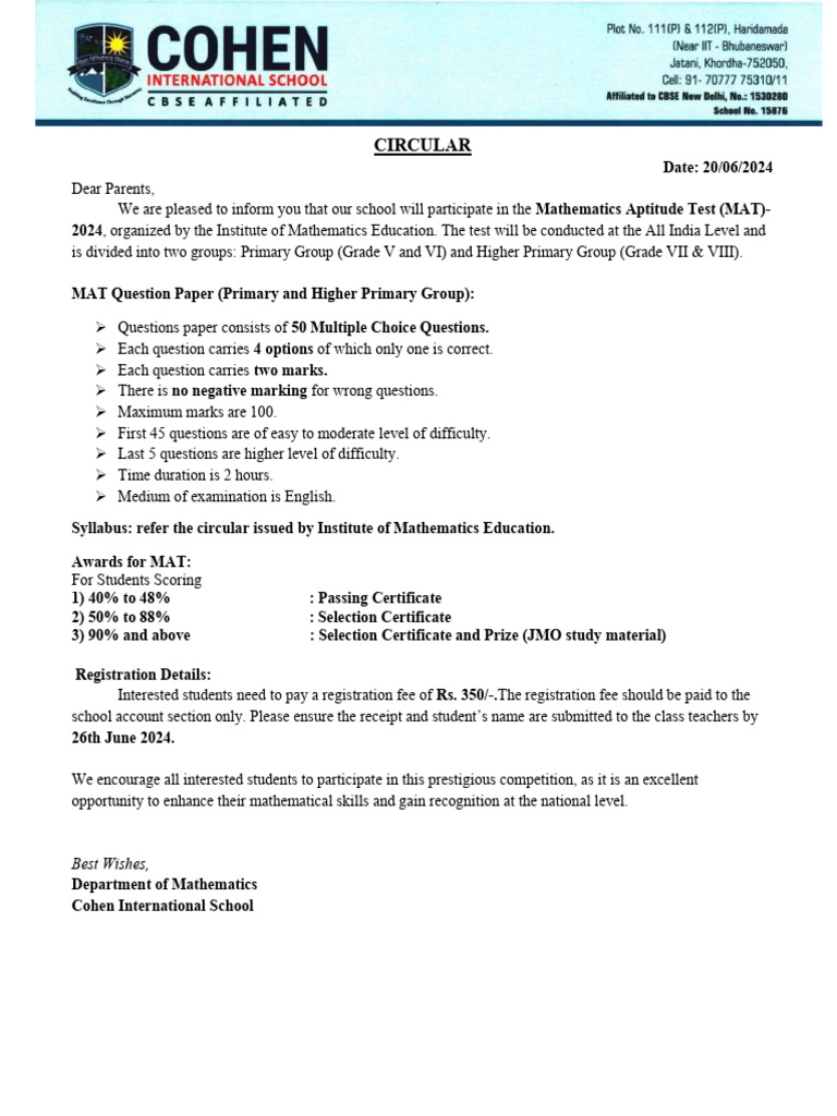 Circular On Mathematics Aptitude Test 2024 | PDF