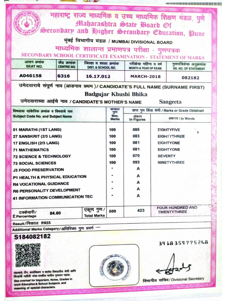 10th Marksheet | PDF