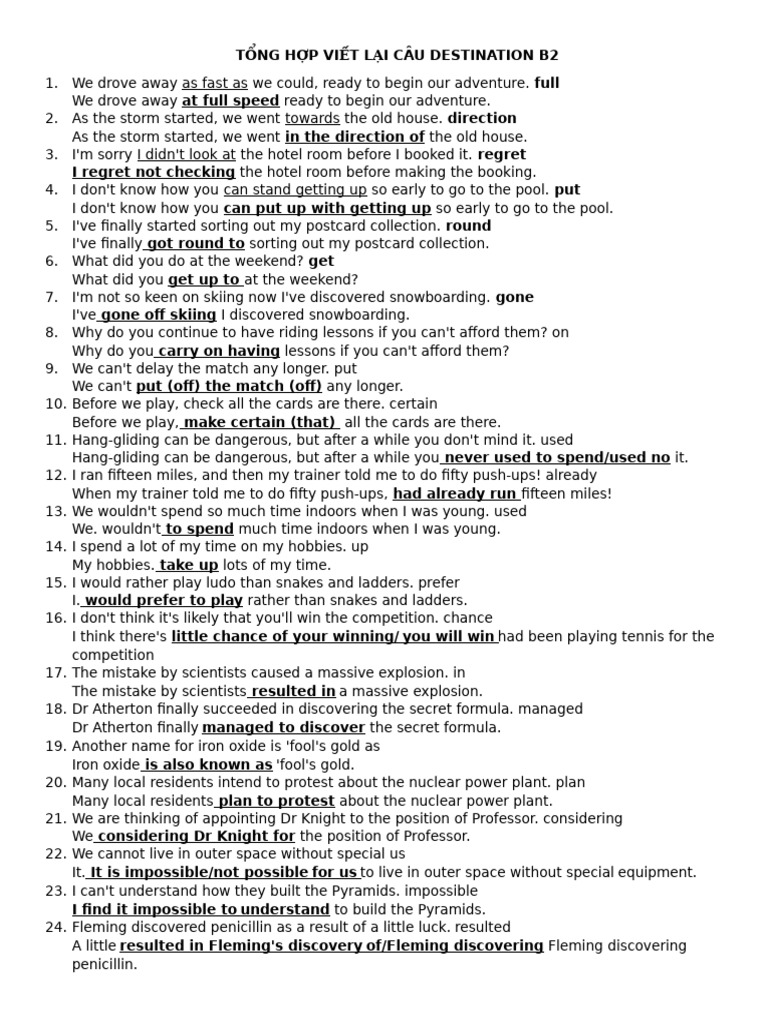 TỔNG HỢP VIẾT LẠI CÂU DESTINATION B2,C1,C2,FCE,CAE | PDF