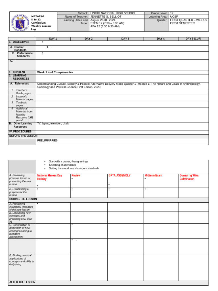 DLL - UCSP - QTR1 - Week5 - Aug 26-31-2024 | PDF | Teachers | Curriculum