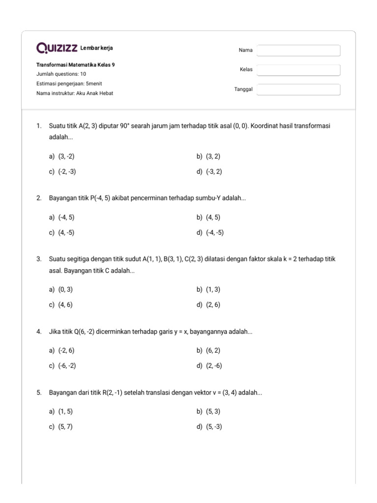 Transformasi Matematika Kelas 9 - Quizizz | PDF