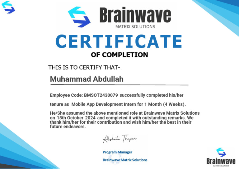 Brainwave Matrix Solution Certificate Intern | PDF
