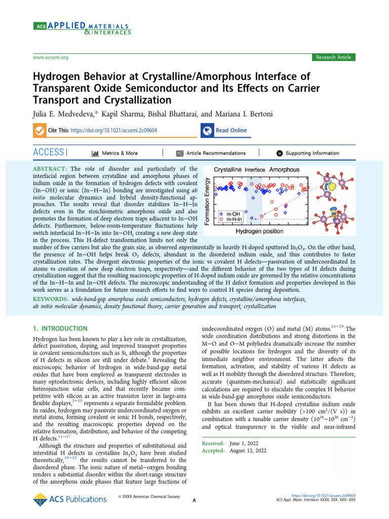 Hydrogen Defects in Indium Oxide Interfaces | PDF | Amorphous Solid ...