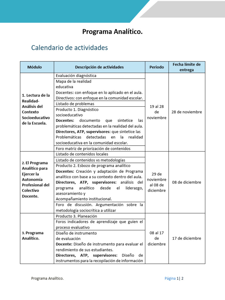 Calendario de Actividades - Programa Analítico. | PDF | Evaluación ...