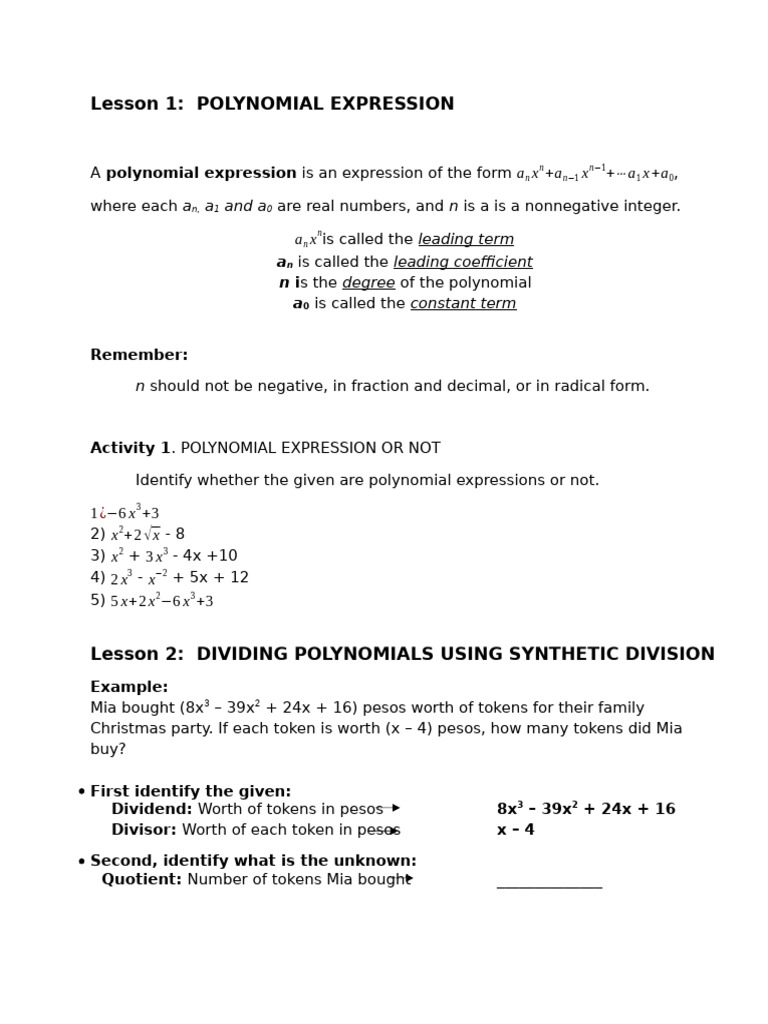 POLYNOMIALS | PDF | Division (Mathematics) | Polynomial