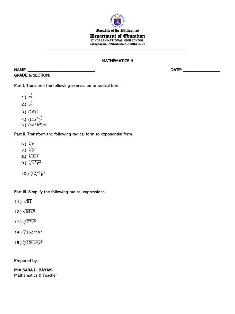 Math 9 Activity Sheet | PDF