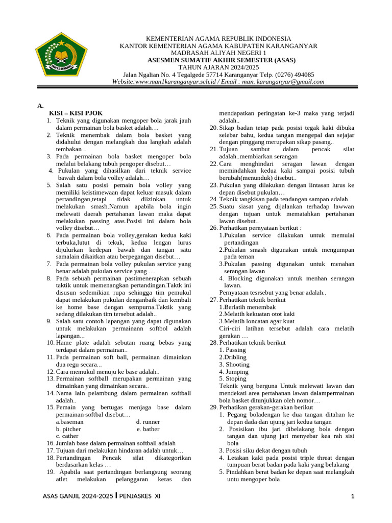 Kisi-Kisi ASAS PJOK XI 2024/2025 | PDF