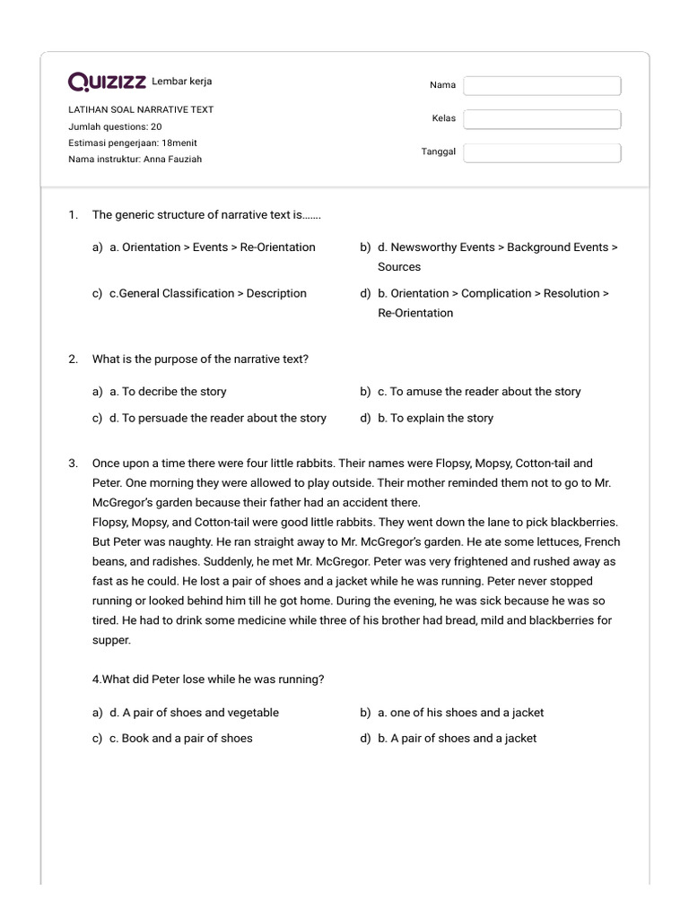 Narrative Text Quiz for 10th Grade | PDF | Peter Rabbit