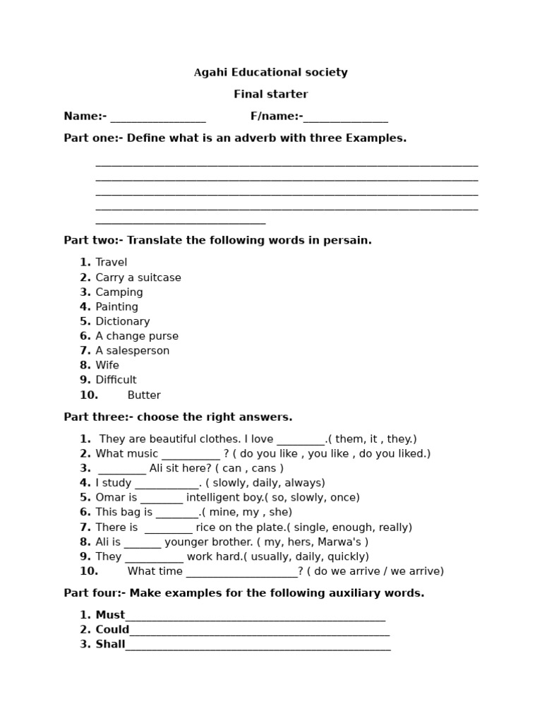 Starter Final Test | PDF | Linguistics | Syntax