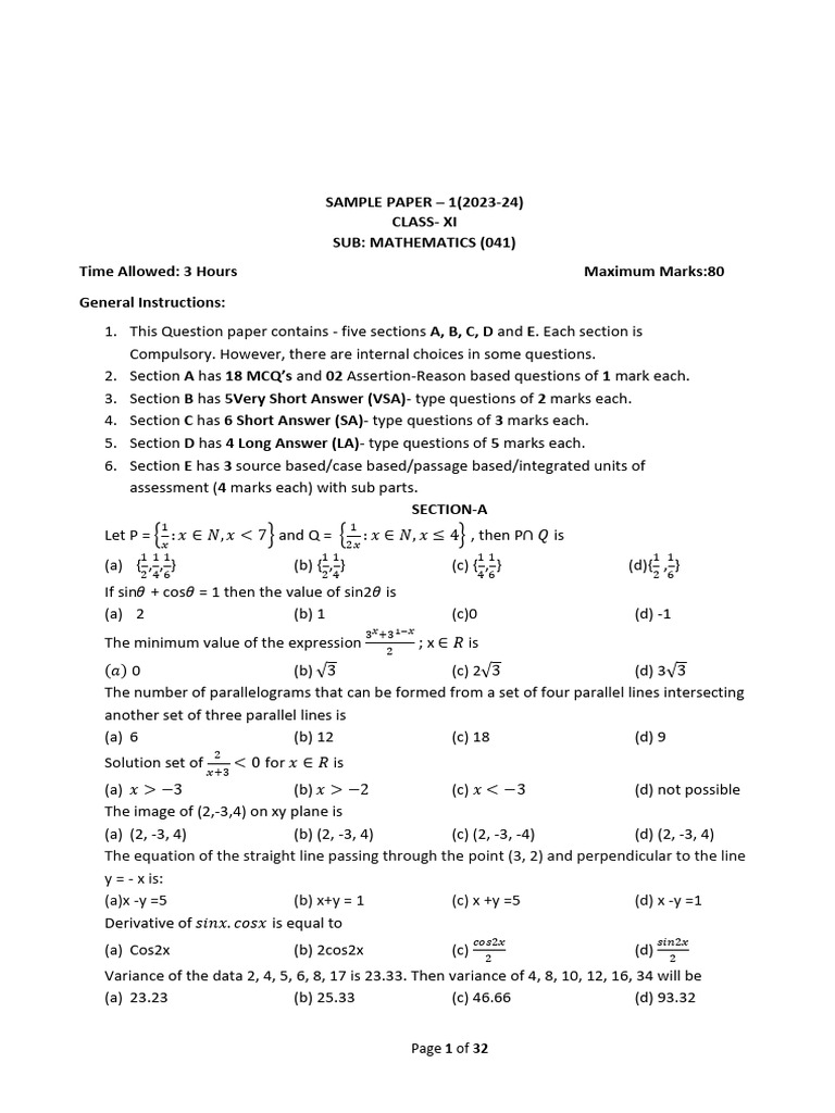 Xi-Math-Sample Papers-2024 | PDF | Mathematics | Mathematical Objects