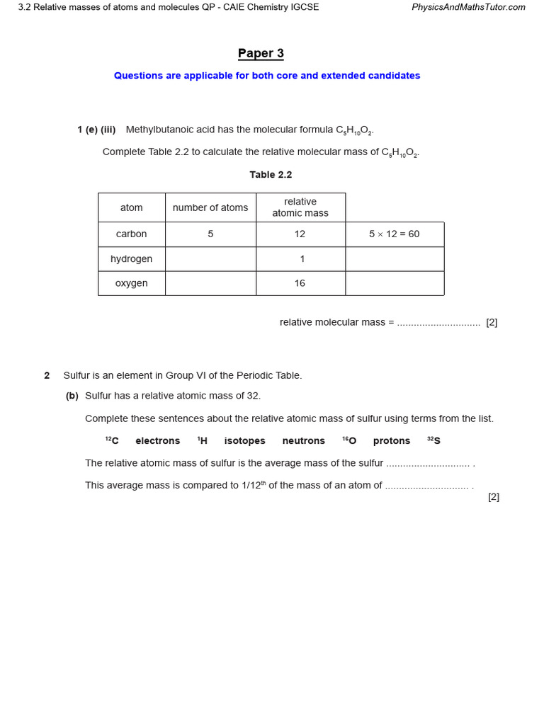 3.2 Relative Masses of Atoms and Molecules QP | PDF | Molecules | Oxide