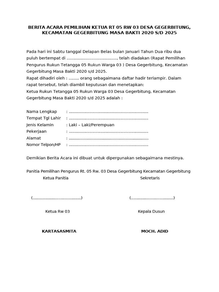 Pemilihan Ketua RT 05 RW 03 Gegerbitung | PDF