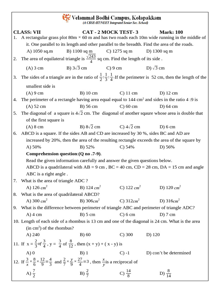 Class Vii Cat-2 Mock Test-3 | PDF | Area | Euclidean Plane Geometry