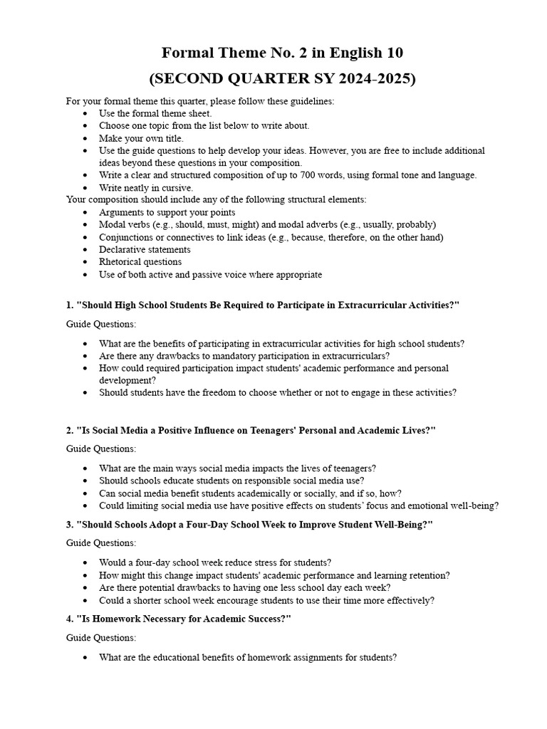 Formal Theme 2 SY 2024 2025 | PDF | Mental Health | Homework