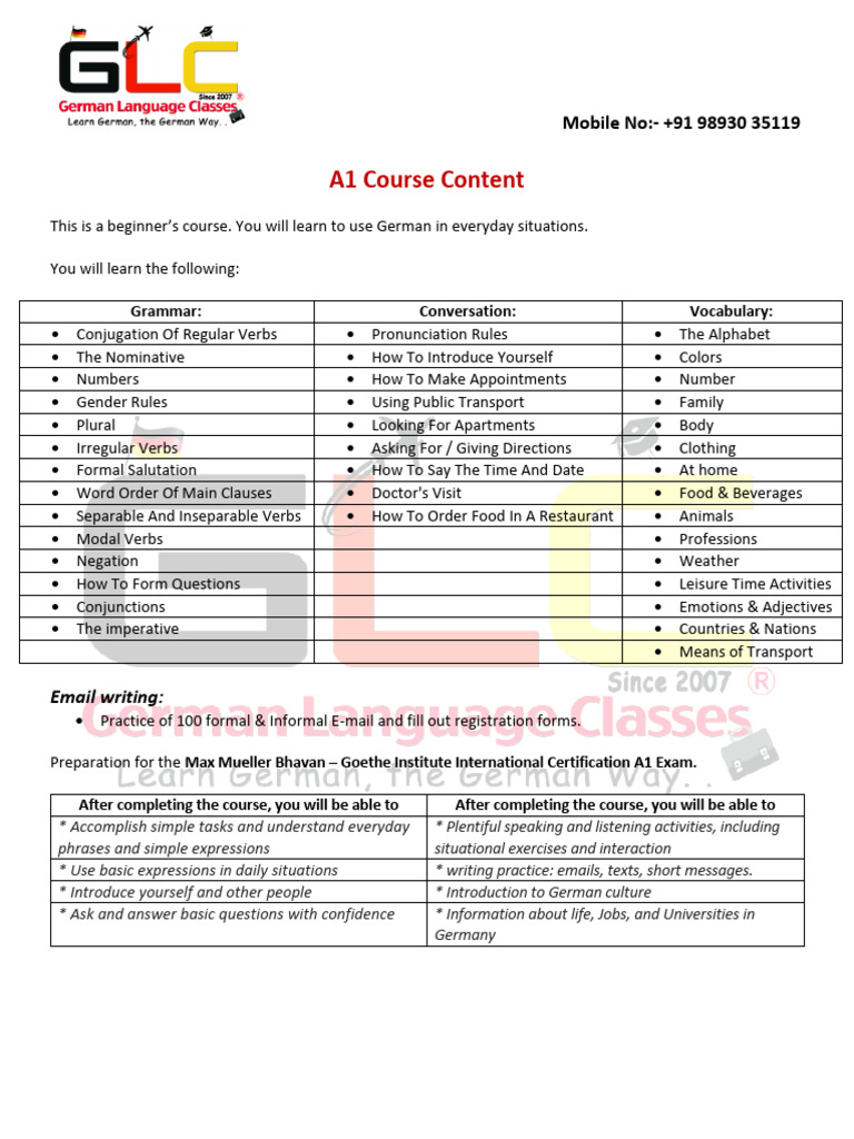 A1 Course Content GLC Syllabus | PDF | Verb | Linguistics