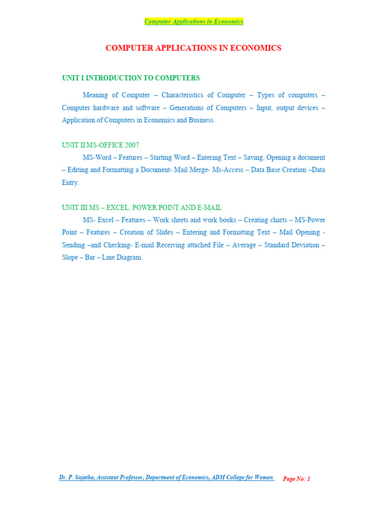 Economics - Computer Applications in Economics - II Ba Economics | PDF ...