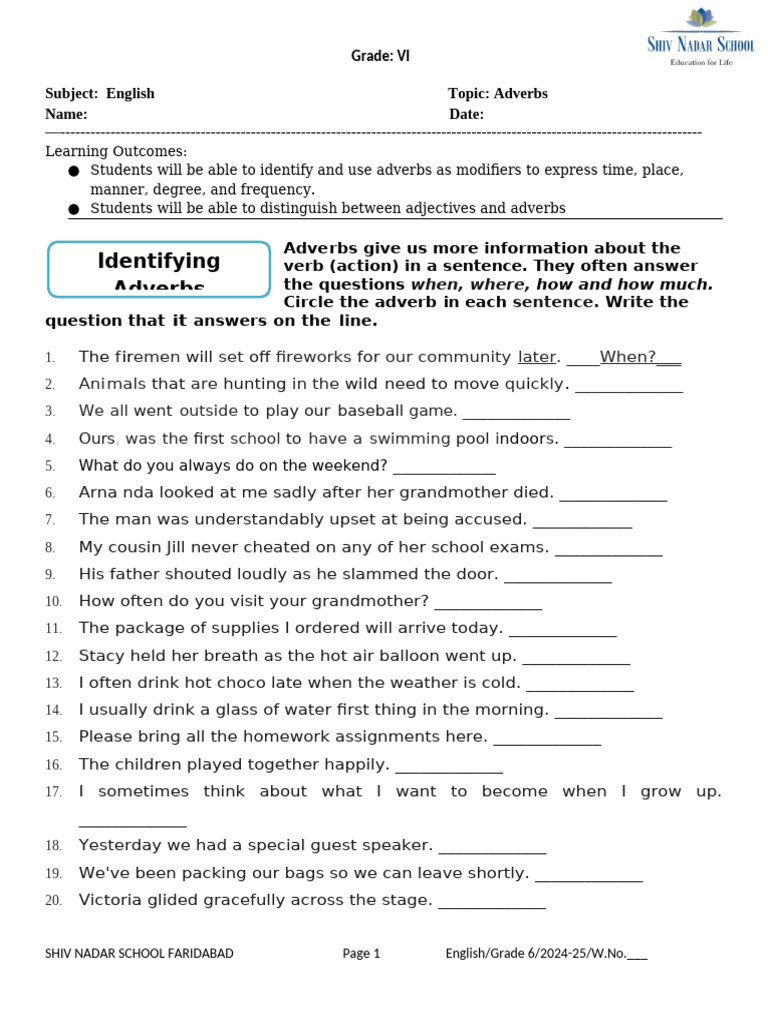 Adverbs Worksheet 1 | PDF | Adverb | Language Mechanics