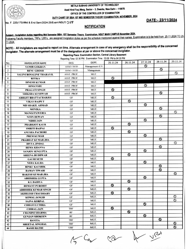 Bba Mid Sem Duty Chart November 2024 | PDF