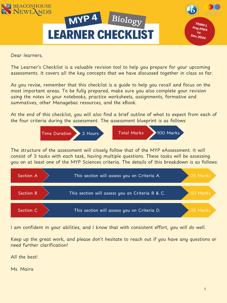 MYP 4 Biology Learner Checklist 2024 | PDF | Digestion | Cell (Biology)