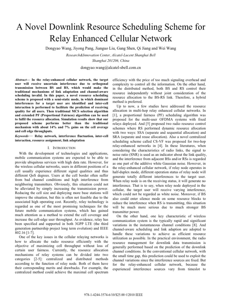 A Novel Downlink Resource Scheduling Scheme For Relay Enhanced Cellular Network | PDF | Cellular ...