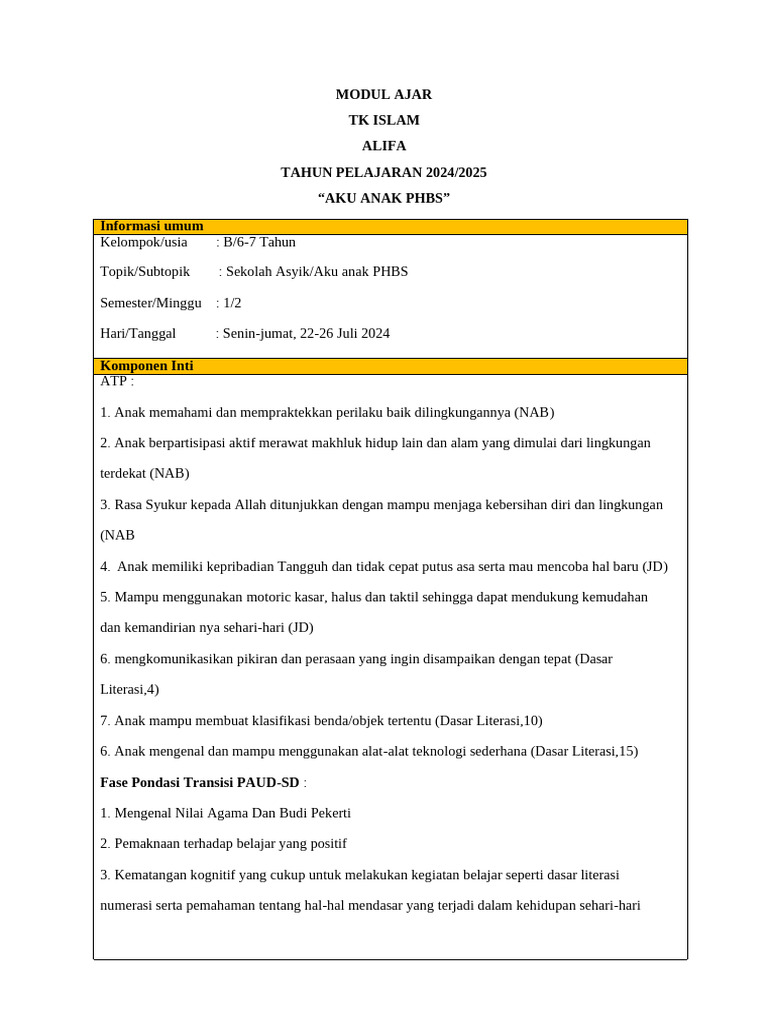 Modul Ajar Kel.b Alifa 2024 | PDF