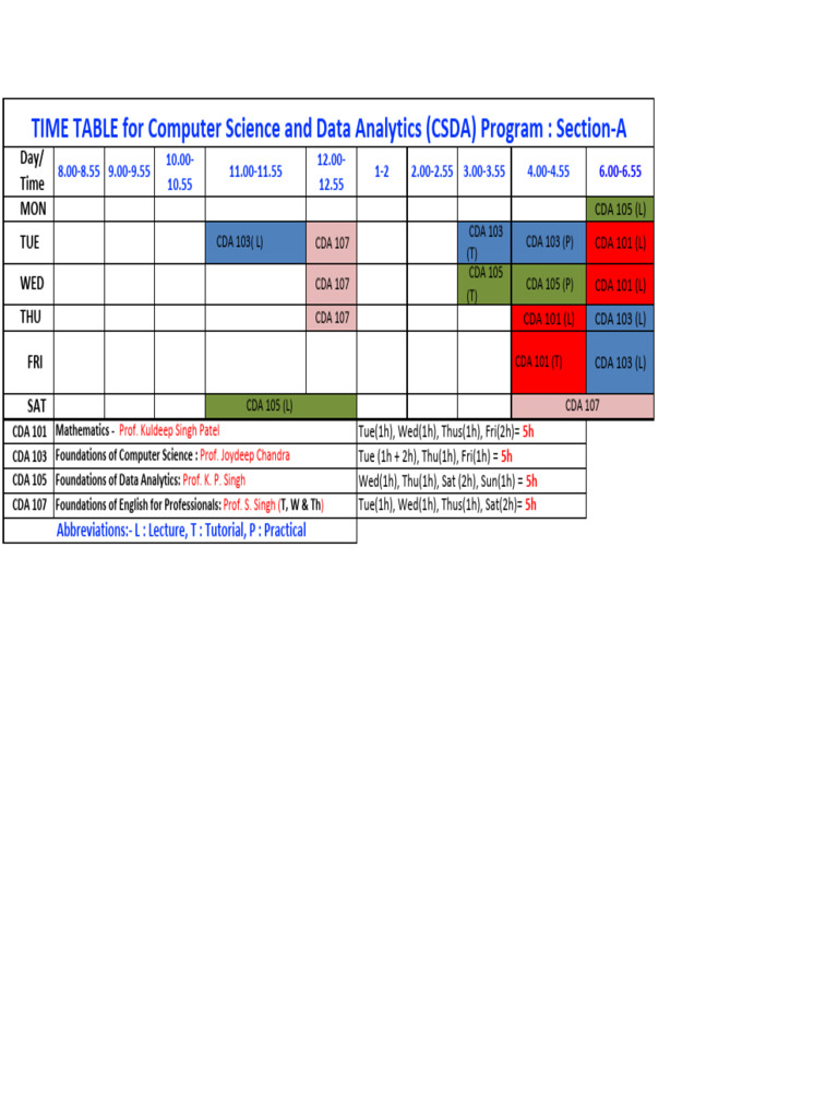 Time Table - Hybrid UG (CSDA Section-A) - Sem1 | PDF