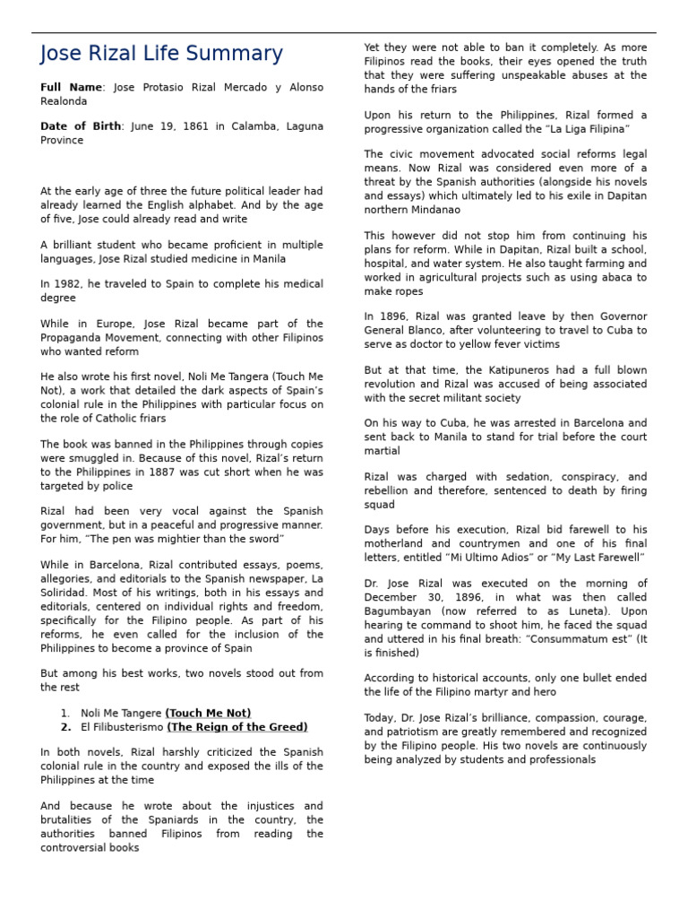 Summary of Jose Rizal's Life | PDF | Philippines