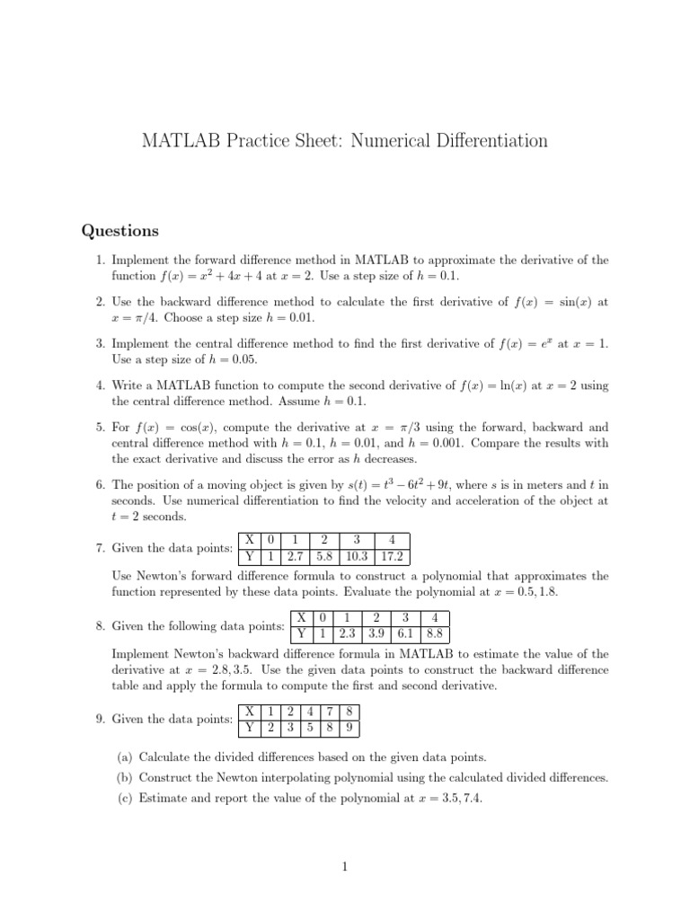MATLAB Sheet - 1 | PDF | Finite Difference | Algebra