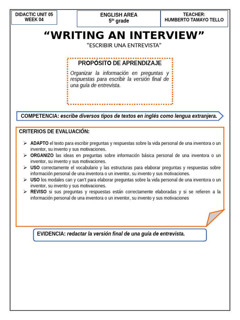QUINTO Ficha de Trabajo 04 UDA 5 - 2024 Tamayo Ok | PDF