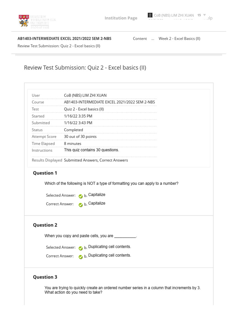 Intermediate Excel Quiz Review | PDF | Microsoft Excel | Spreadsheet