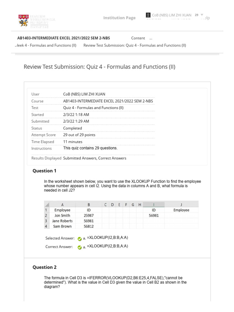 Quiz 4: Excel Formulas & Functions | PDF | Software Engineering | Computing