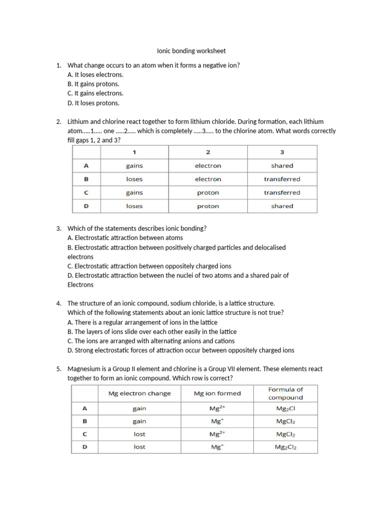 Ionic Bonding Worksheet | PDF